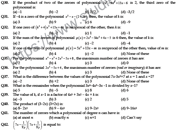 CBSE Class 10 Mathematics Polynomials MCQs, Multiple Choice Questions CBSE Class 10 Mathematics Polynomials MCQs, Multiple Choice Questions